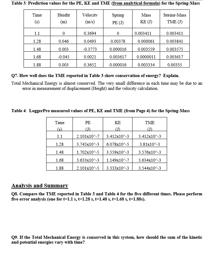 Solved Table 3: Prediction values for the PE, KE and TME | Chegg.com