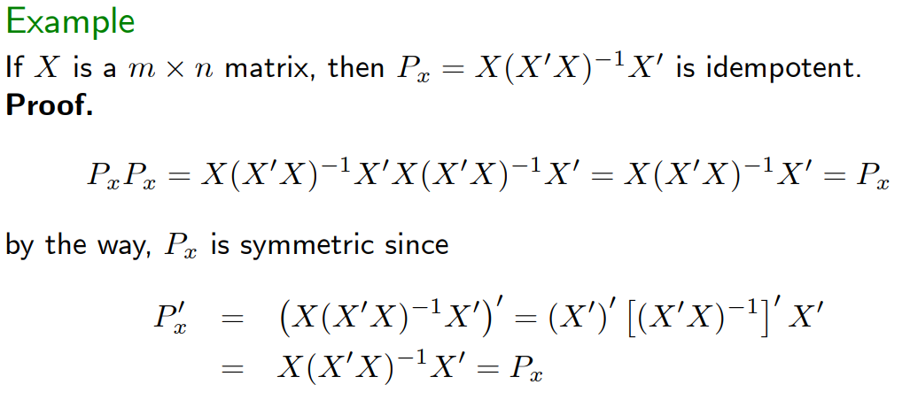 Solved Example If X is a m×n matrix, then Px=X(X′X)−1X′ is | Chegg.com