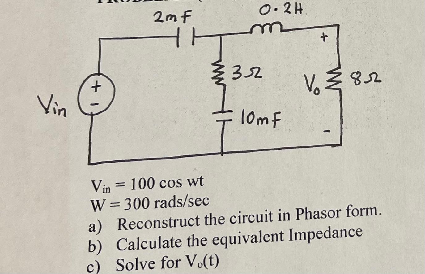 Solved Vin=100coswtW=300rads/sec a) Reconstruct the circuit | Chegg.com