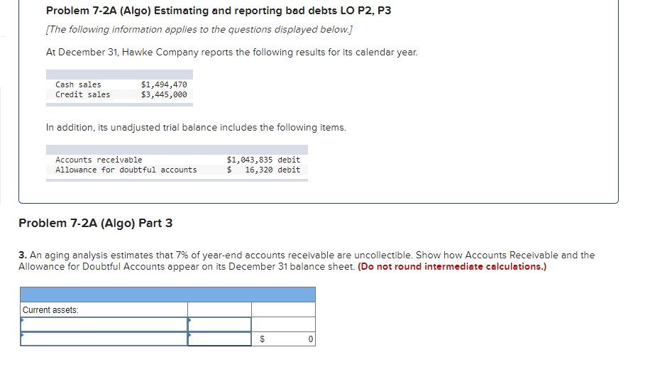 Solved Problem 7-2A (Algo) Estimating and reporting bad | Chegg.com