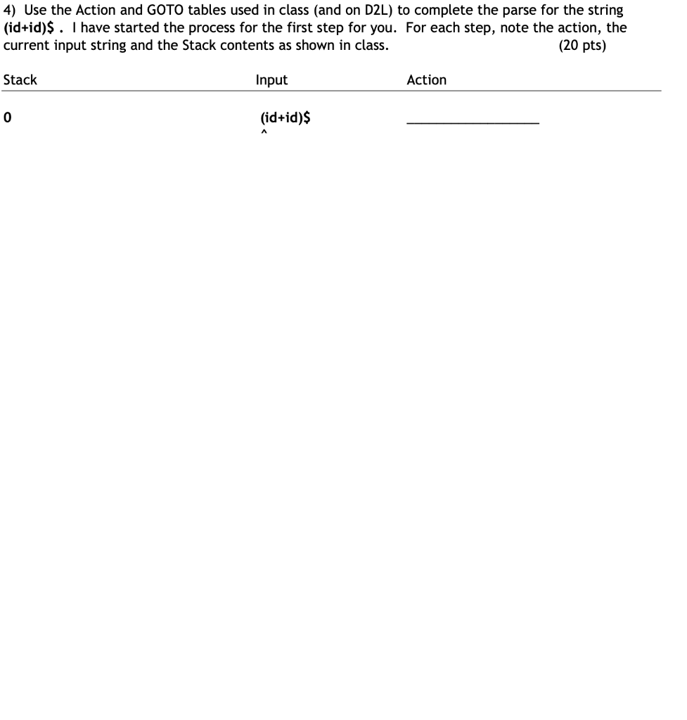 Solved 4) Use the Action and GOTO tables used in class (and | Chegg.com