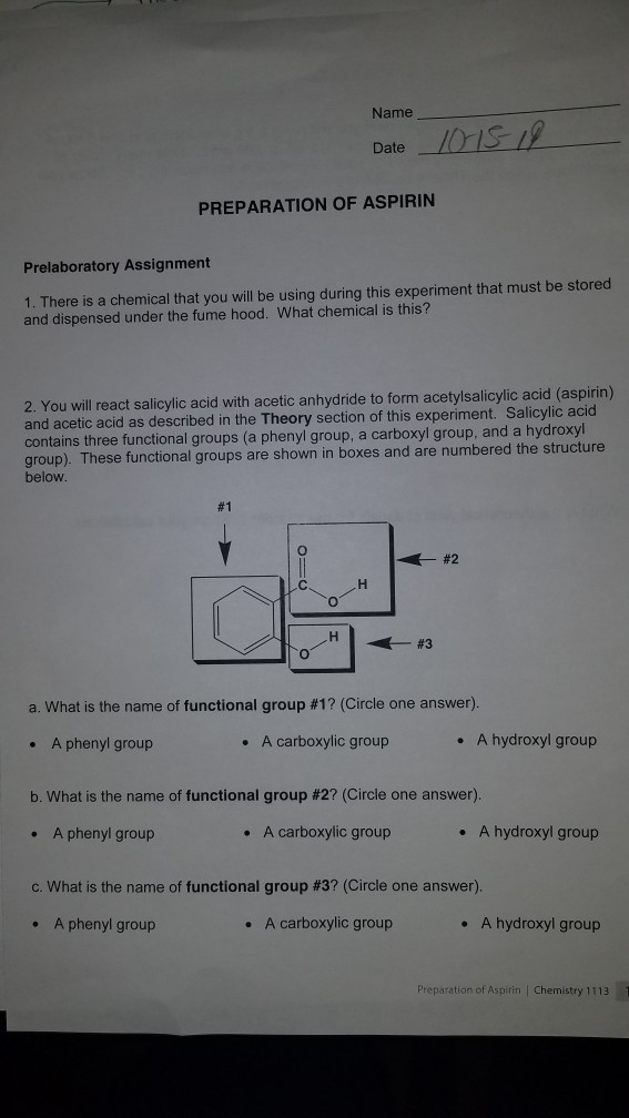 Solved Name Date PREPARATION OF ASPIRIN Prelaboratory | Chegg.com