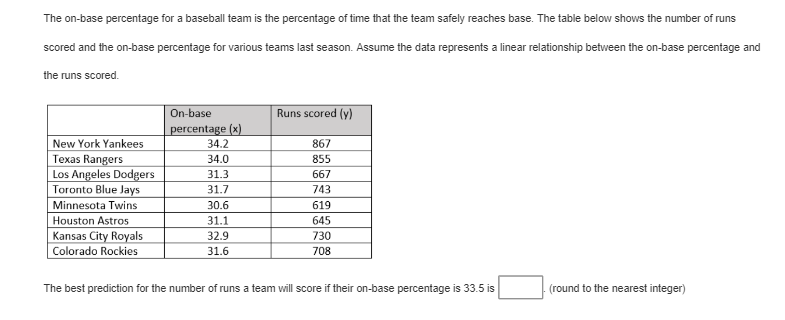 Solved The on-base percentage for a baseball team is the | Chegg.com