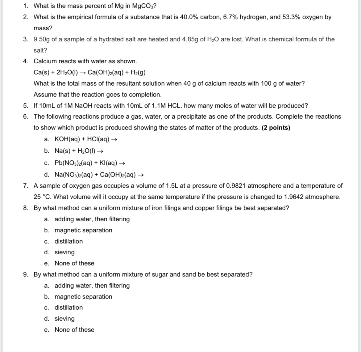1. What is the mass percent of Mg in MgCO3 ? 2. What | Chegg.com