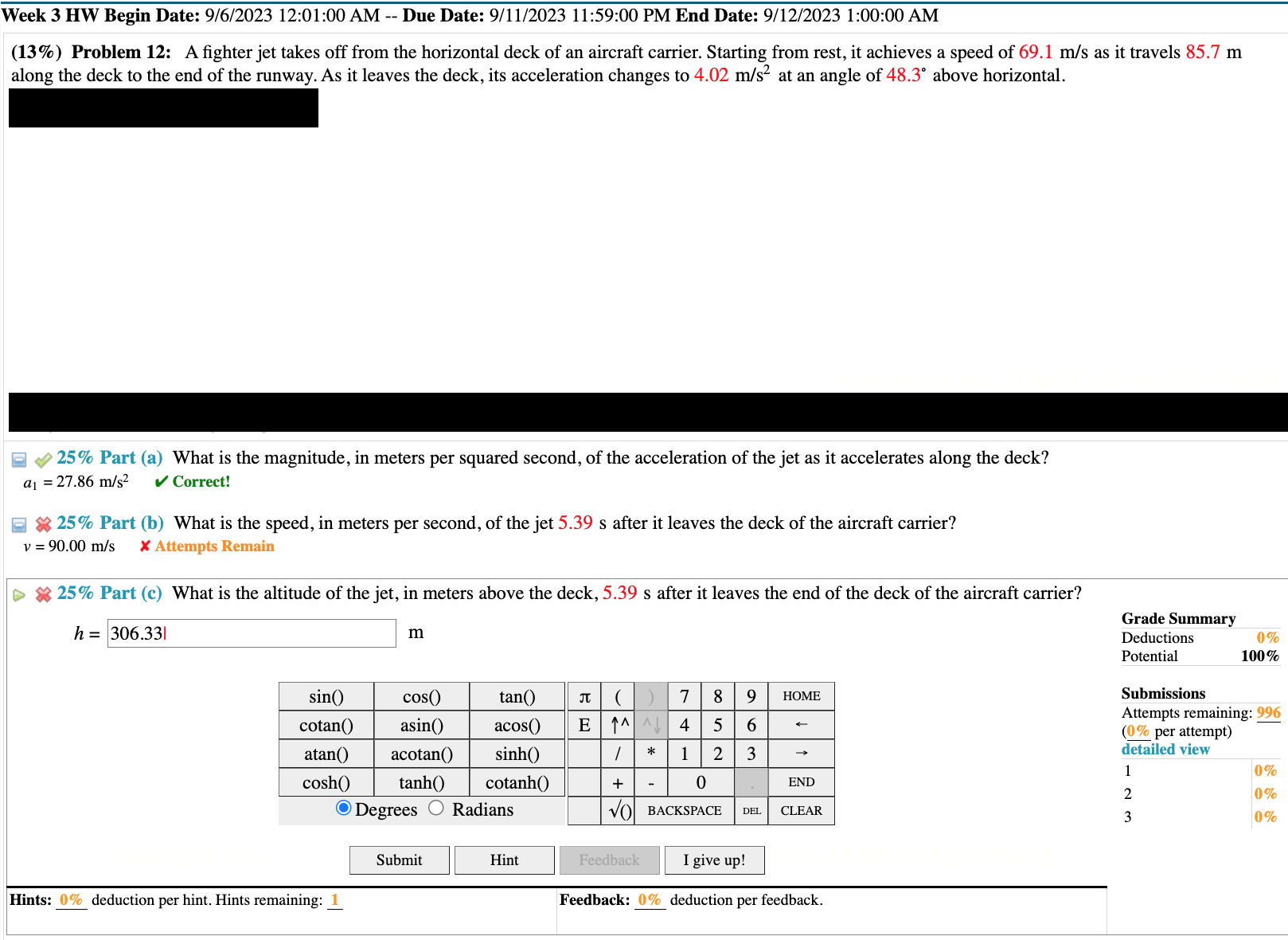 Solved (13\%) Problem 12: A fighter jet takes off from the | Chegg.com