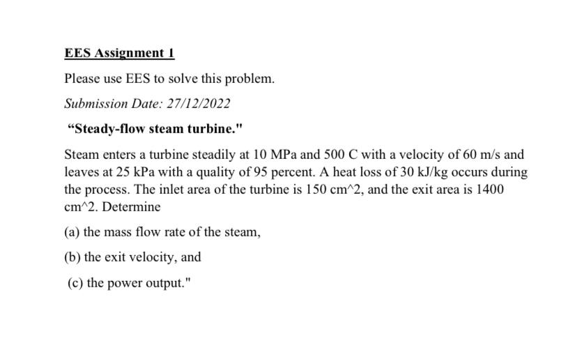 Solved EES Assignment 1 Please use EES to solve this | Chegg.com