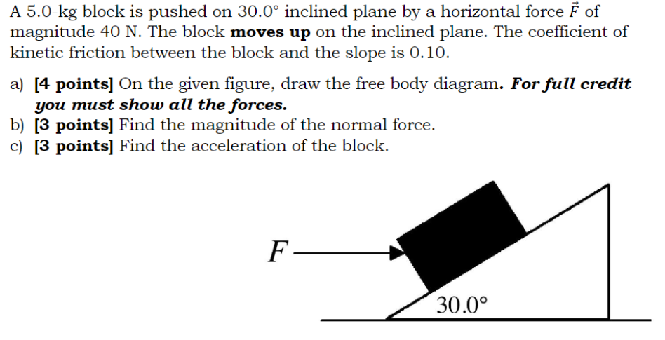 Solved A 5.0−kg block is pushed on 30.0∘ inclined plane by a | Chegg.com