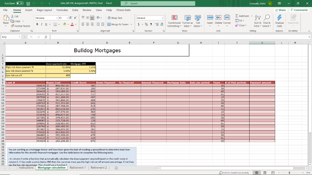 Mortgage calculation Excel worksheet: In column G | Chegg.com