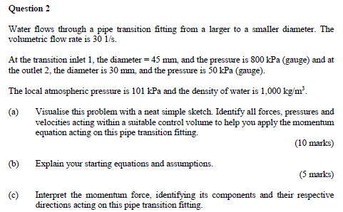Solved Water flows through a pipe transition fitting from a | Chegg.com