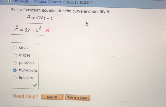 Solved 1/2 points Previous Answers SCalcET8 10.3.019. Find a | Chegg.com