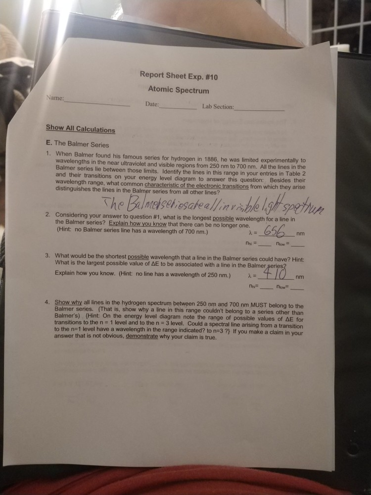 Solved Report Sheet Exp. #10 Atomic Spectrum Name: Date: Lab | Chegg.com