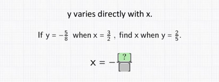 Solved y varies directly with x. 2 If y =- when x = 클 , find | Chegg.com