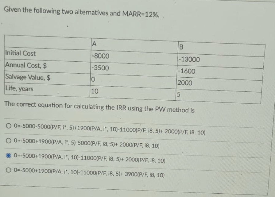 Solved Given the following two alternatives and MARR=12%. | Chegg.com
