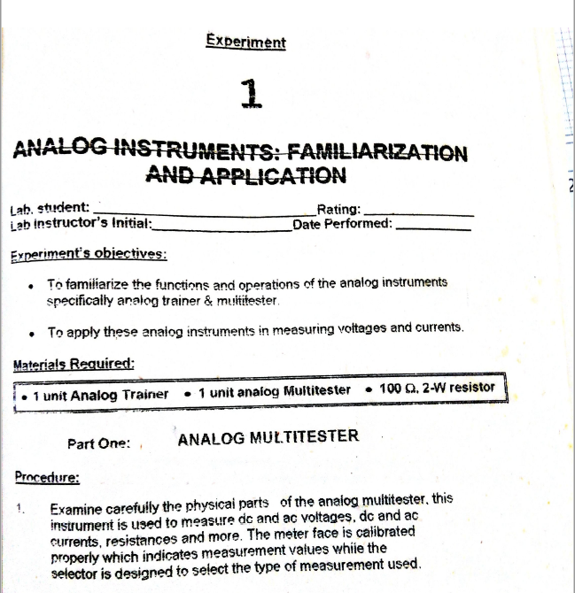 Solved Experiment 1 ANALOG INSTRUMENTS: FAMILIARIZATION AND | Chegg.com