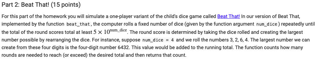 Solved Part 2: Beat That! (15 points) For this part of the | Chegg.com