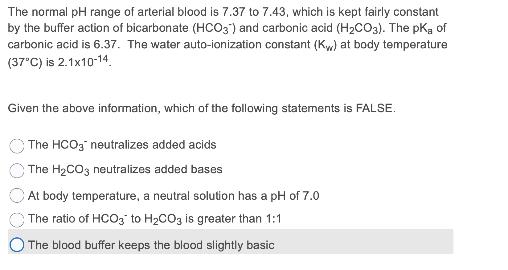 Solved The normal pH range of arterial blood is 7.37 to | Chegg.com