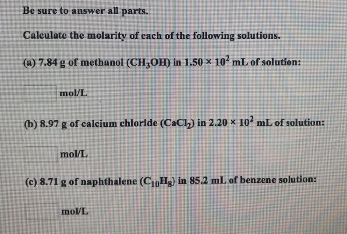 Solved Be sure to answer all parts. Calculate the molarity | Chegg.com
