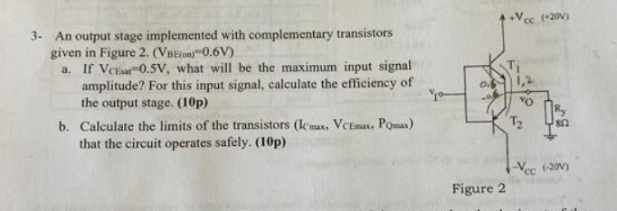 Solved 3- ﻿An output stage implemented with complementary | Chegg.com