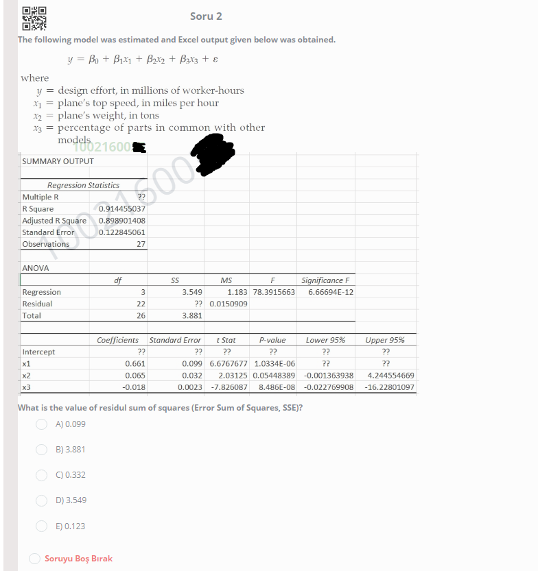 Solved Soru 2 The following model was estimated and Excel | Chegg.com