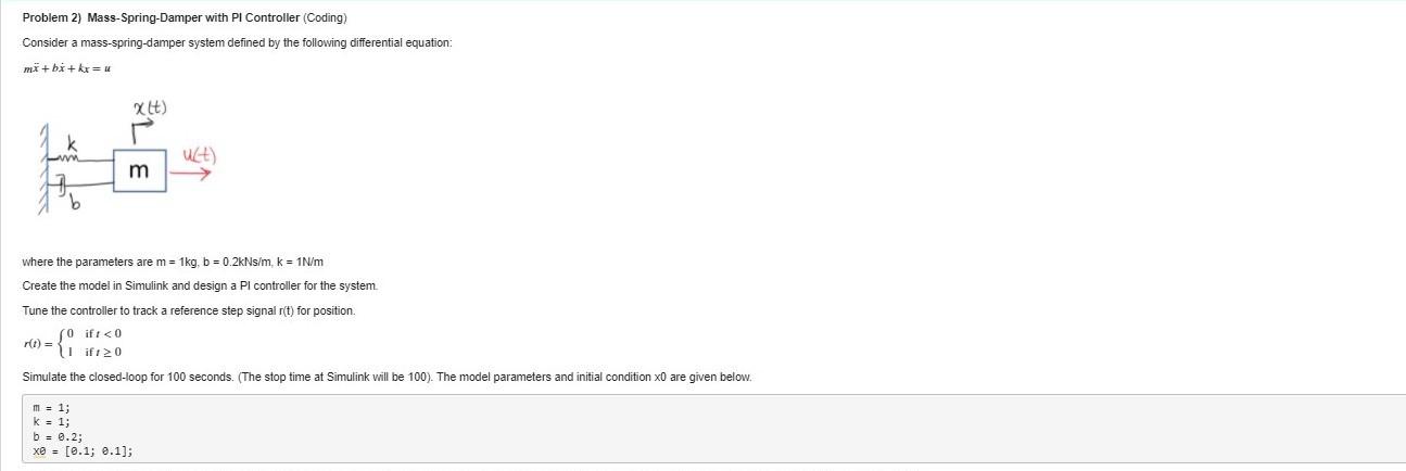 Solved Problem 2) Mass-Spring-Damper with PI Controller | Chegg.com