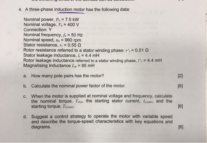 Solved 4. A three-phase induction motor has the following | Chegg.com