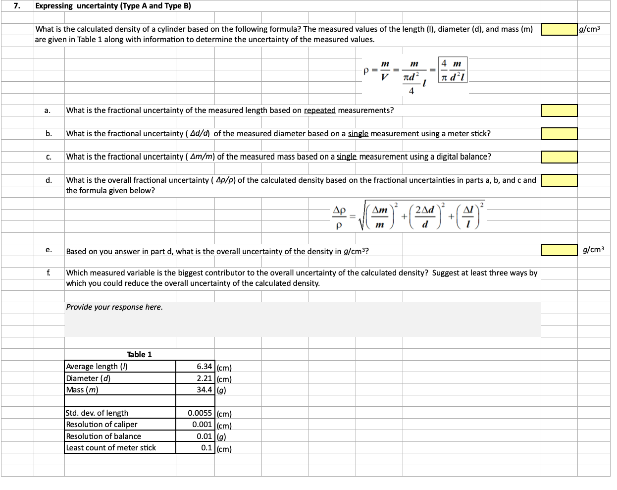Solved 7. Expressing uncertainty (Type A and Type B) g/cm3 | Chegg.com