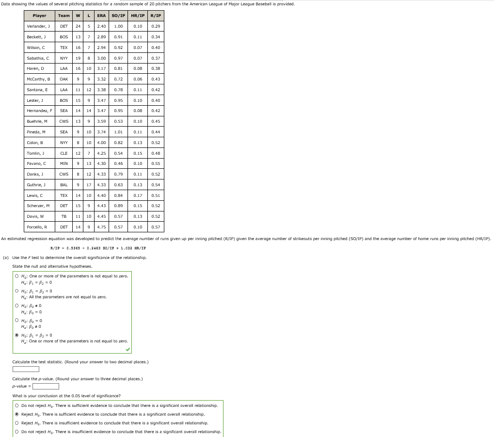 Solved Data showing the values of several pitching | Chegg.com