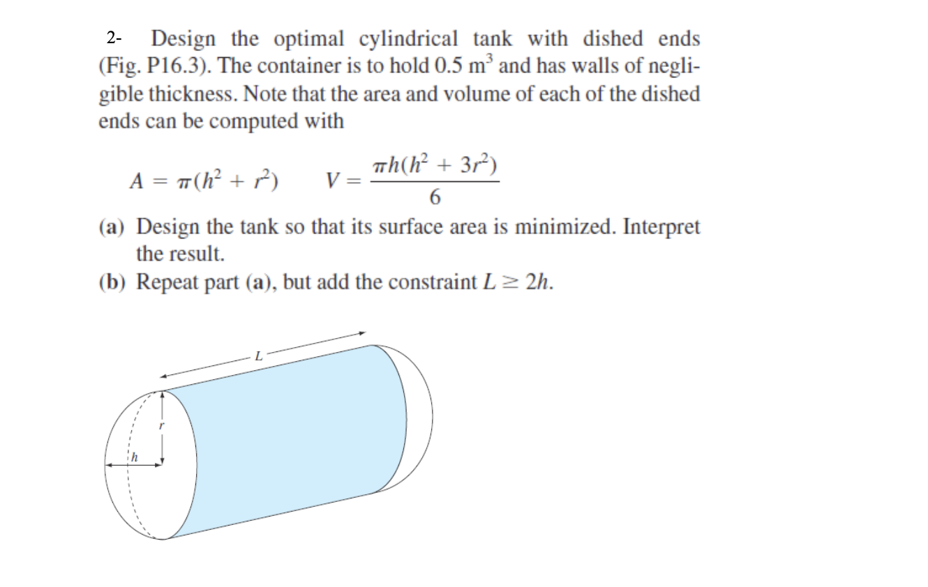 Solved 2- Design the optimal cylindrical tank with dished | Chegg.com