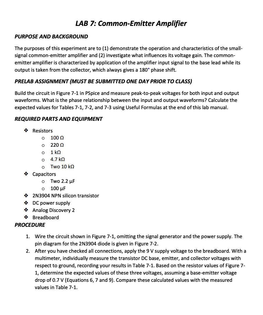 Solved LAB 7: Common-Emitter Amplifier PURPOSE AND | Chegg.com