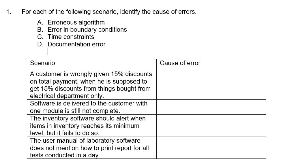 Solved 1. For each of the following scenario, identify the | Chegg.com