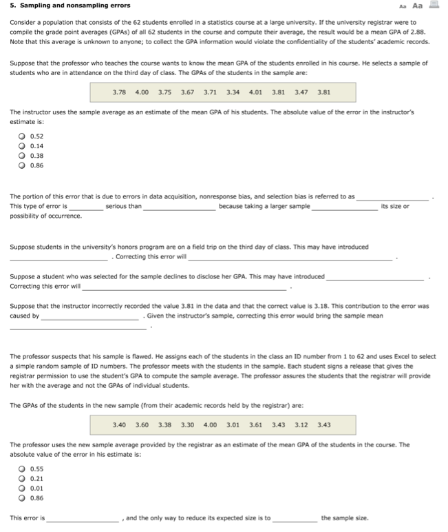 Solved 5. Sampling and nonsampling errors Aa Aa Consider a | Chegg.com