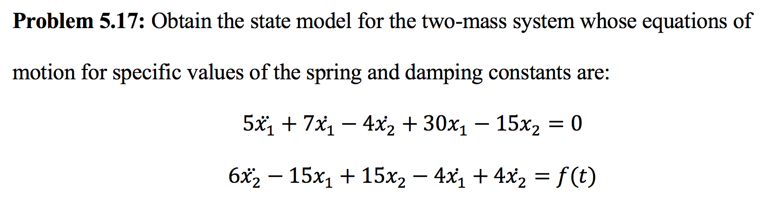 Solved Problem 5.17: Obtain the state model for the two-mass | Chegg.com