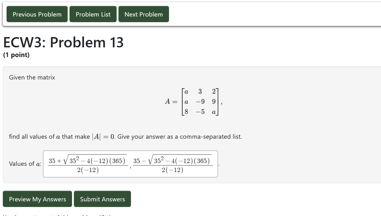 Solved ECW3: Problem 13 (1 point) Given the matrix | Chegg.com