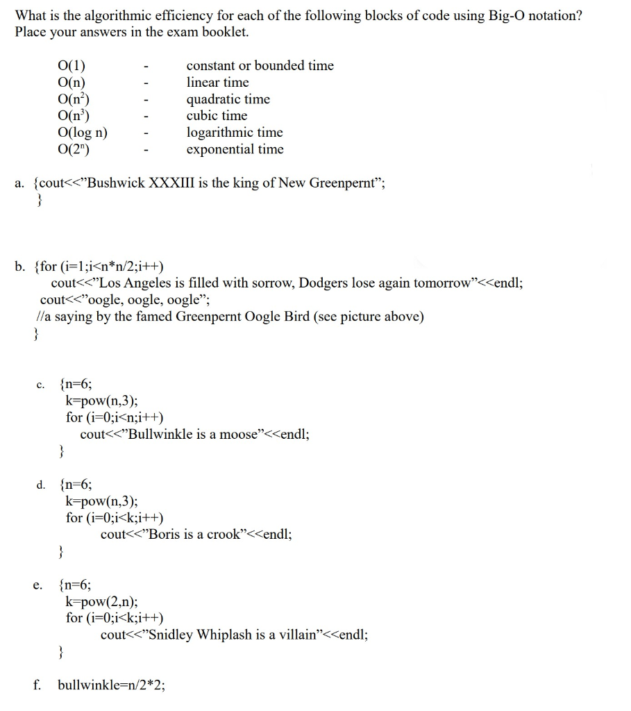 Solved What is the algorithmic efficiency for each of the | Chegg.com