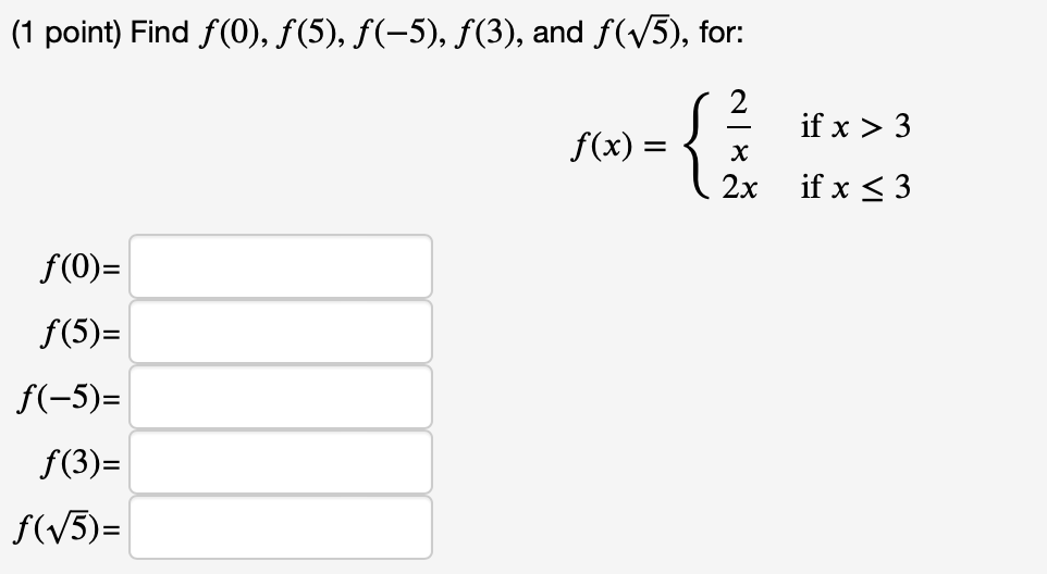 Solved (1 point) Find f(0), f(5), f(-5), f(3), and f(V5), | Chegg.com