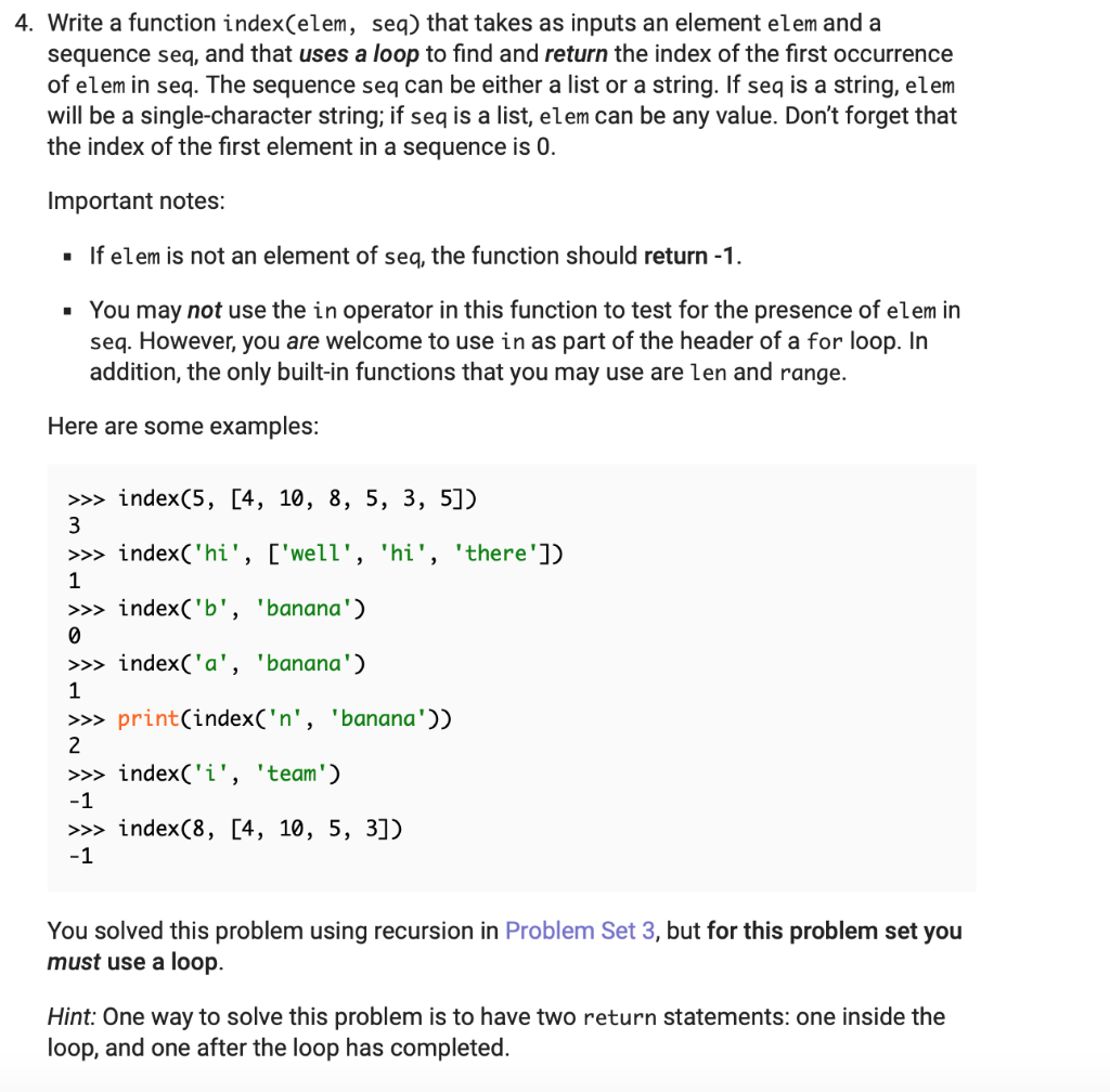 Solved 4. Write a function index(elem, seq) that takes as | Chegg.com