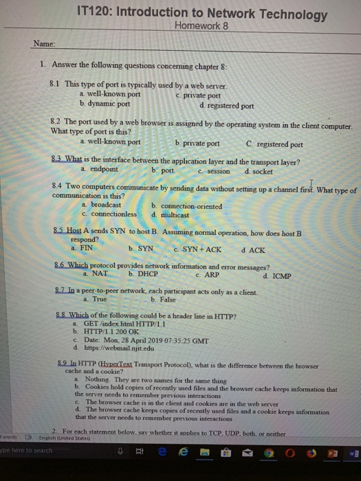 Solved IT120: Introduction to Network Technology Homework 8 | Chegg.com