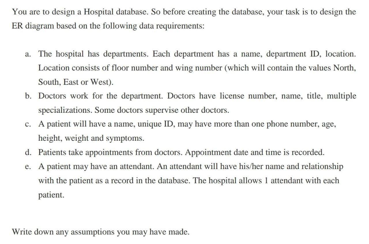 Solved You are to design a Hospital database. So before | Chegg.com