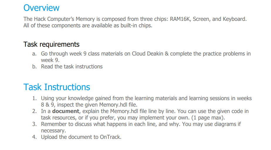 Solved Overview The Hack Computer's Memory is composed from | Chegg.com