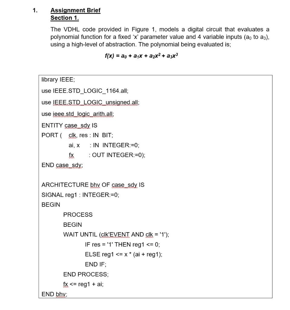 1. Assignment Brief Section 1. The VDHL code provided | Chegg.com