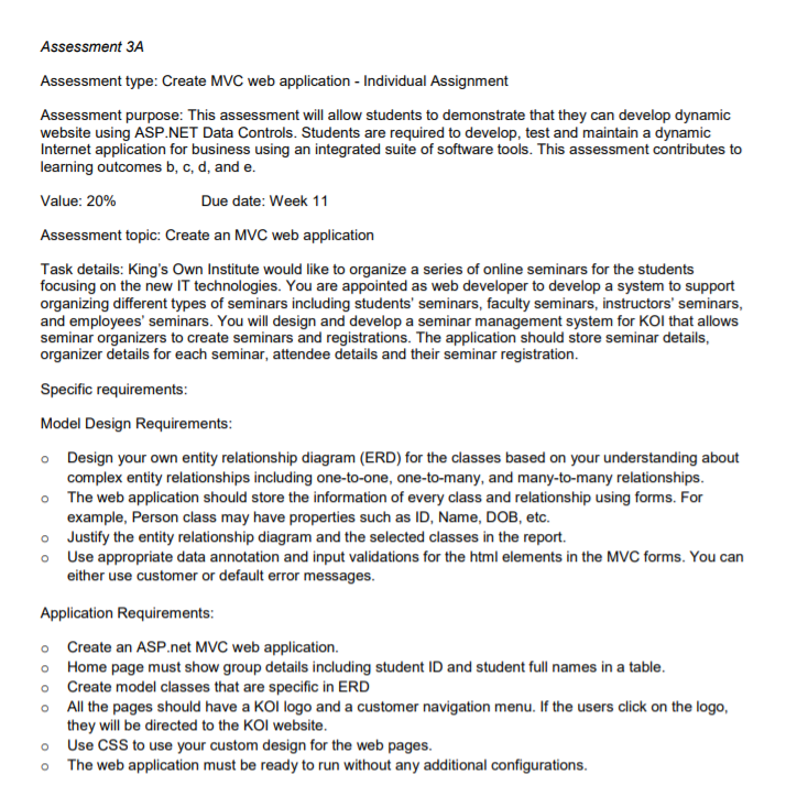 Assessment 3A Assessment type: Create MVC web | Chegg.com