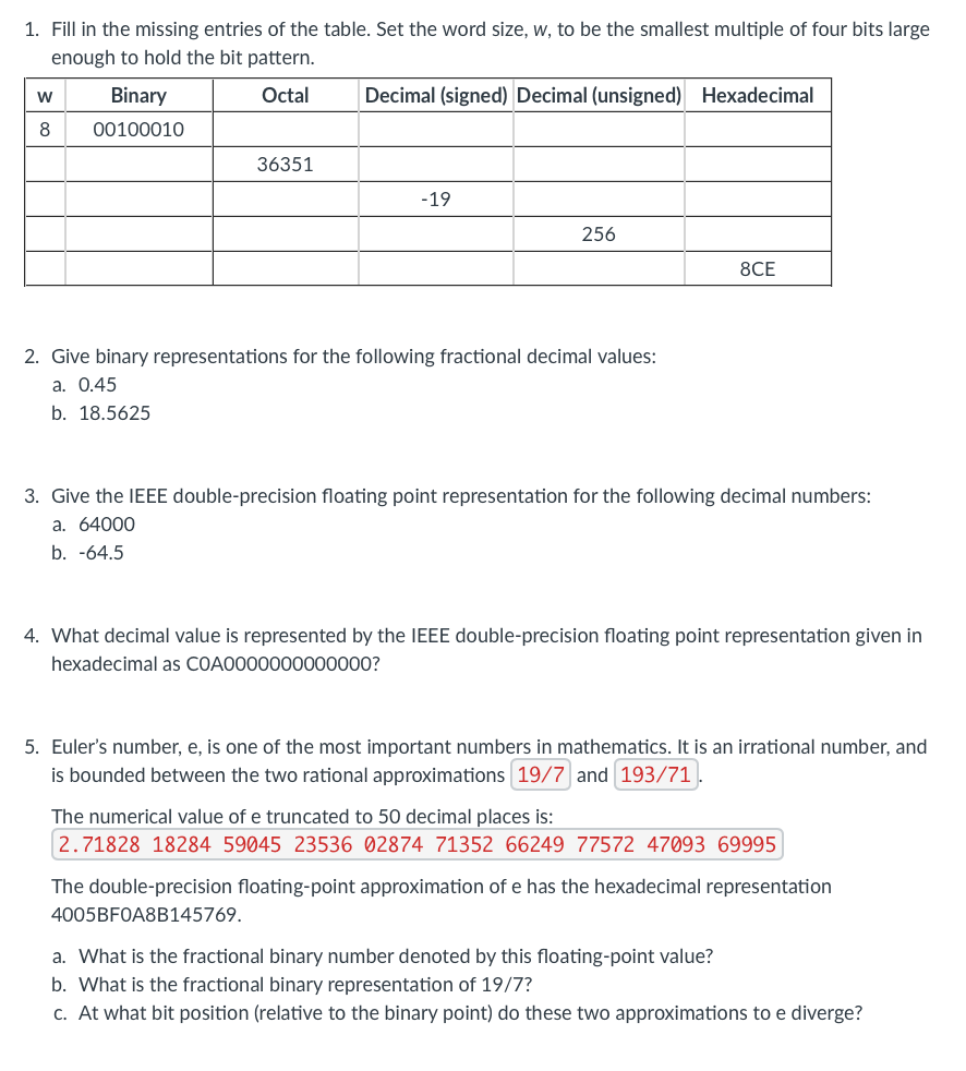 1. Fill in the missing entries of the table. Set the | Chegg.com