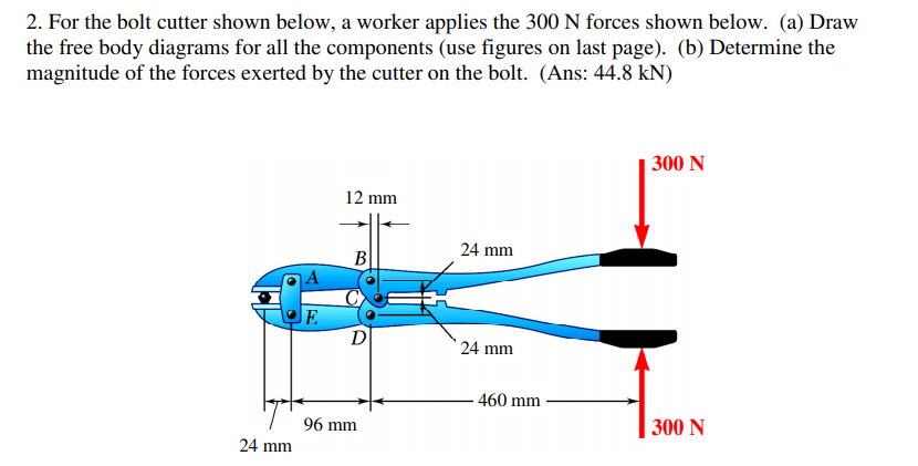 Solved 2. For the bolt cutter shown below, a worker applies | Chegg.com