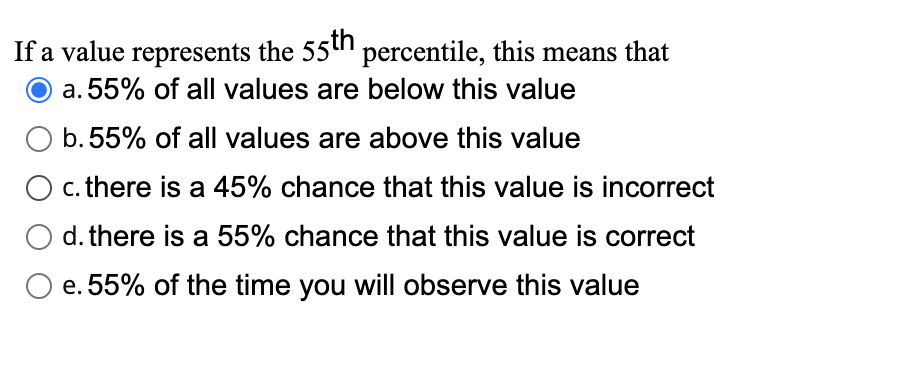 Solved If a value represents the 55th percentile, this | Chegg.com