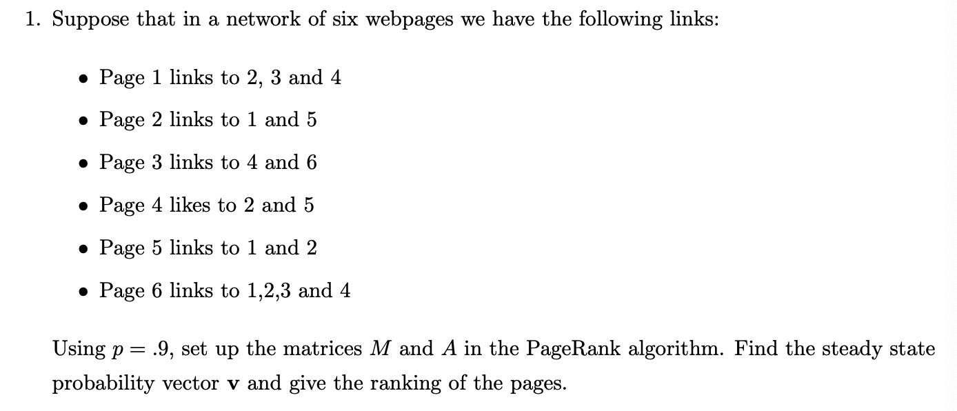 Solved 1. Suppose that in a network of six webpages we have | Chegg.com