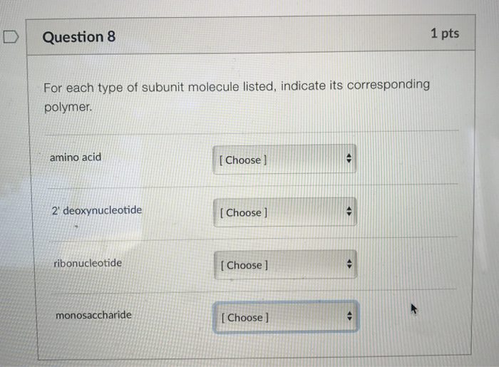 Solved For each type of subunit molecule listed, indicate | Chegg.com