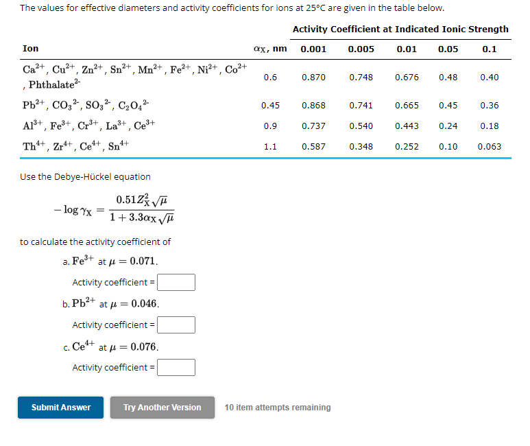 Solved The Values For Effective Diameters And Activity