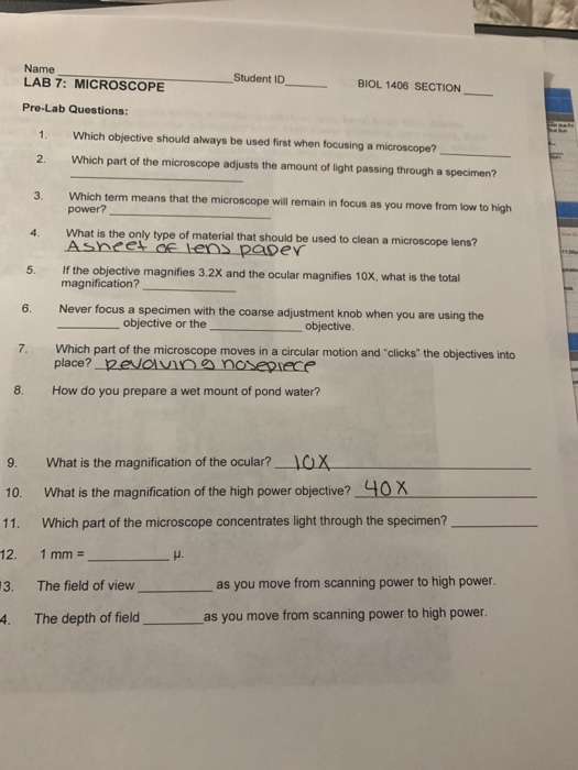 Name Student ID LAB 7: MICROSCOPE BIOL 1406 SECTION | Chegg.com