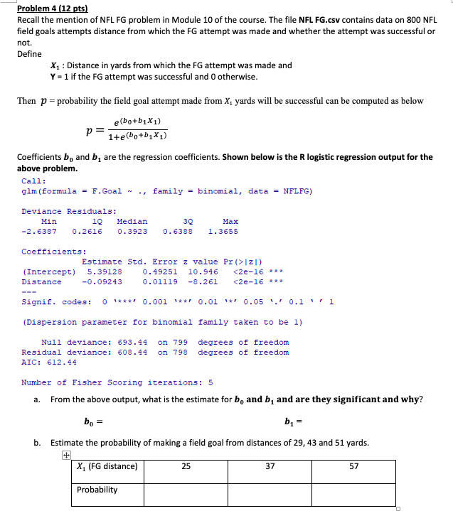 Solved Problem 4 (12 pts)Recall the mention of NFL FG | Chegg.com Solved Problem 4 (12 pts)Recall the mention of NFL FG | Chegg.com