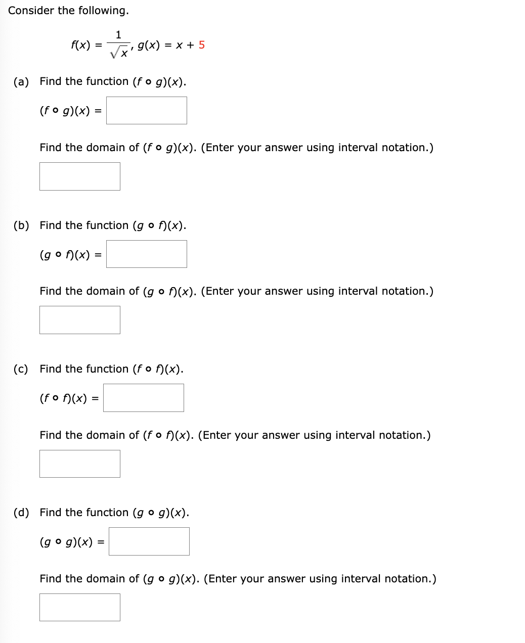Solved Consider the following. f(x)=x1,g(x)=x+5 (a) Find the | Chegg.com